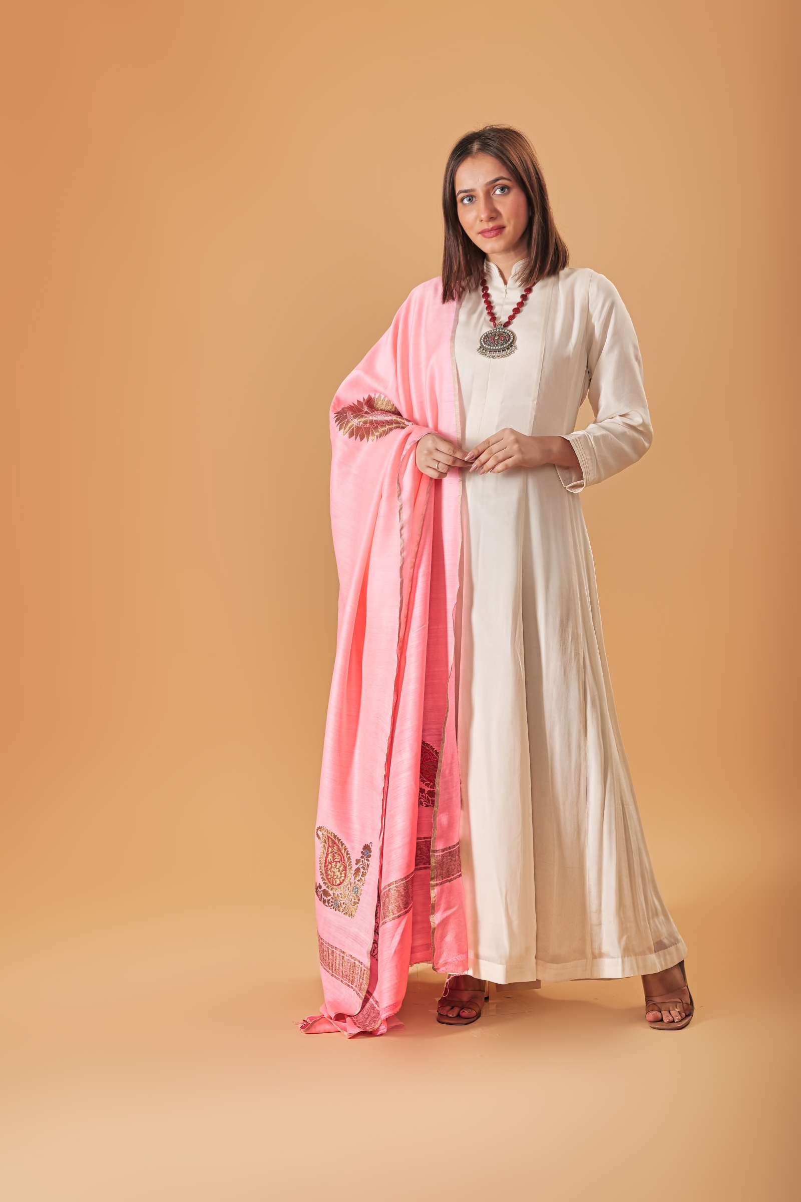 Buy Pearl Ivory Soft Crepe Indowestern Semi Anarkali With Bubble Gum ...