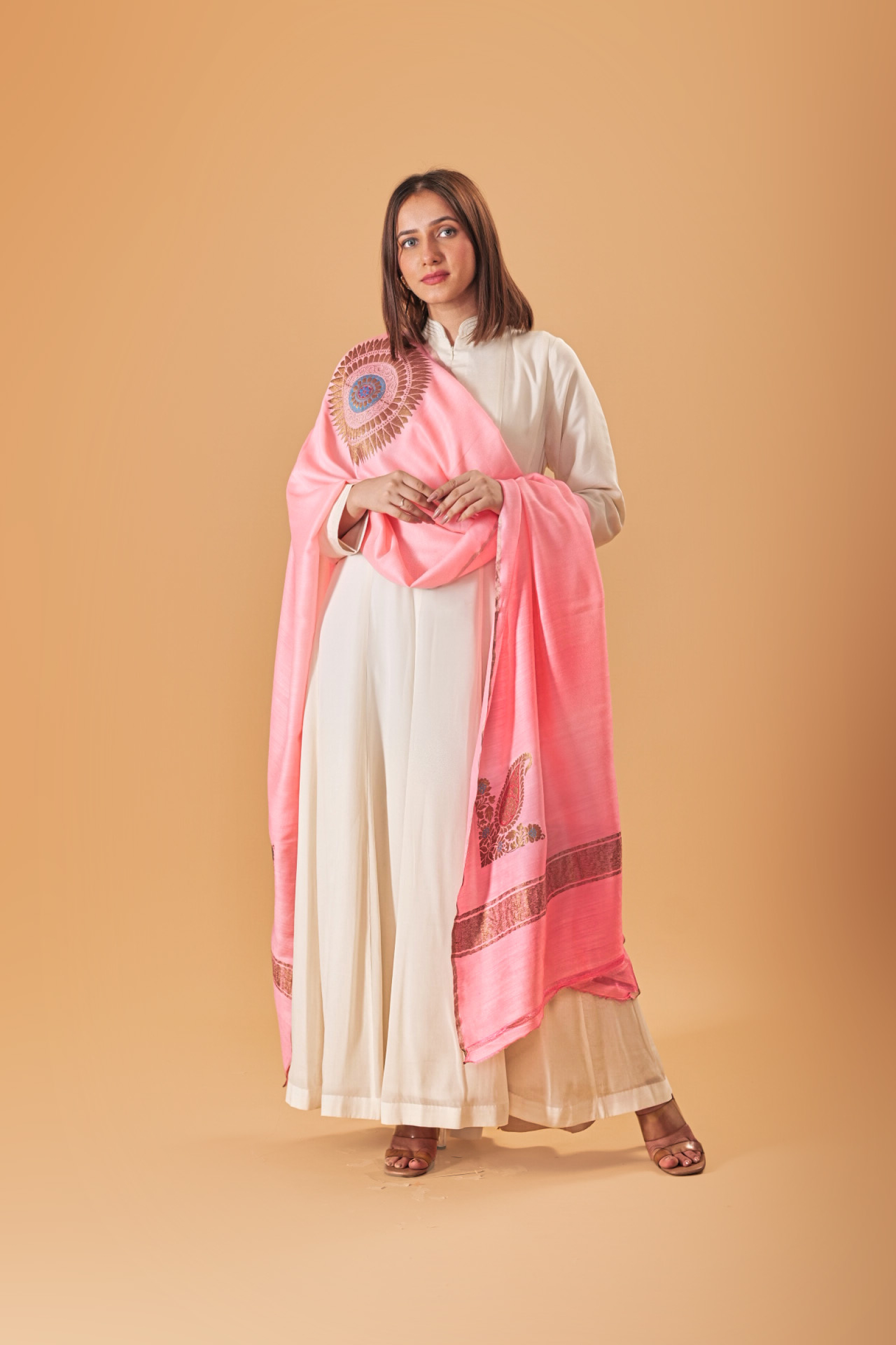 Buy Pearl Ivory Soft Crepe Indowestern Semi Anarkali With Bubble Gum ...