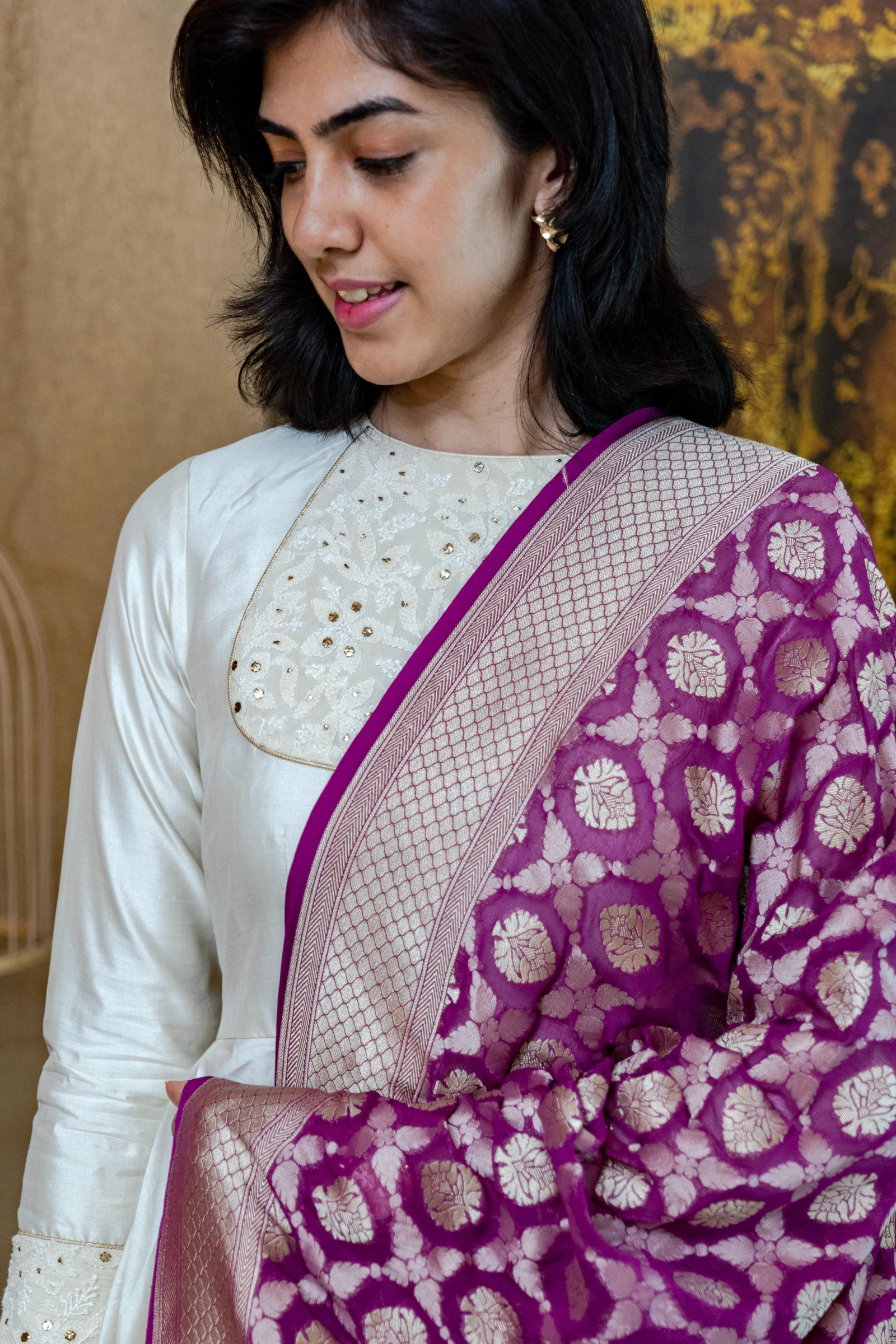 Buy White Silk Chikankari Neck Kalidar Kurta With Brinjal Purple ...